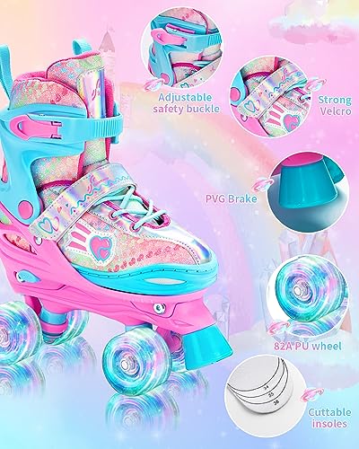 Sportneer Kids Roller Skates, Roller Skates with Protective Gear Set, Adjustable Roller Skates with 8 Light up Wheels, for Girls Kids Youth Beginner Indoor & Outdoor Use (1pair)