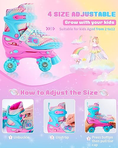 Sportneer Kids Roller Skates, Roller Skates with Protective Gear Set, Adjustable Roller Skates with 8 Light up Wheels, for Girls Kids Youth Beginner Indoor & Outdoor Use (1pair)