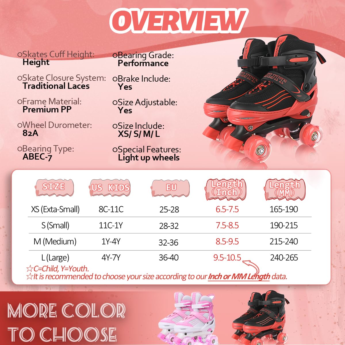 LEJIJIT Roller Skates for Kids Boys Girls Toddler Ages 3-12, Adjustable 4 Sizes for Kids and Youth Teen with Light Up Wheels, Quad Red Roller Skates for Sports (Youth 4Y-7Y)