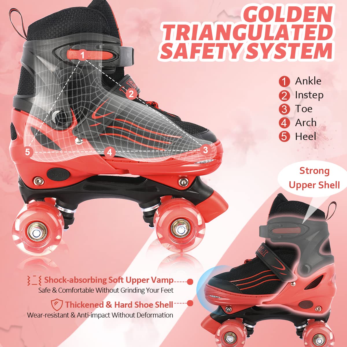 LEJIJIT Roller Skates for Kids Boys Girls Toddler Ages 3-12, Adjustable 4 Sizes for Kids and Youth Teen with Light Up Wheels, Quad Red Roller Skates for Sports (Youth 4Y-7Y)