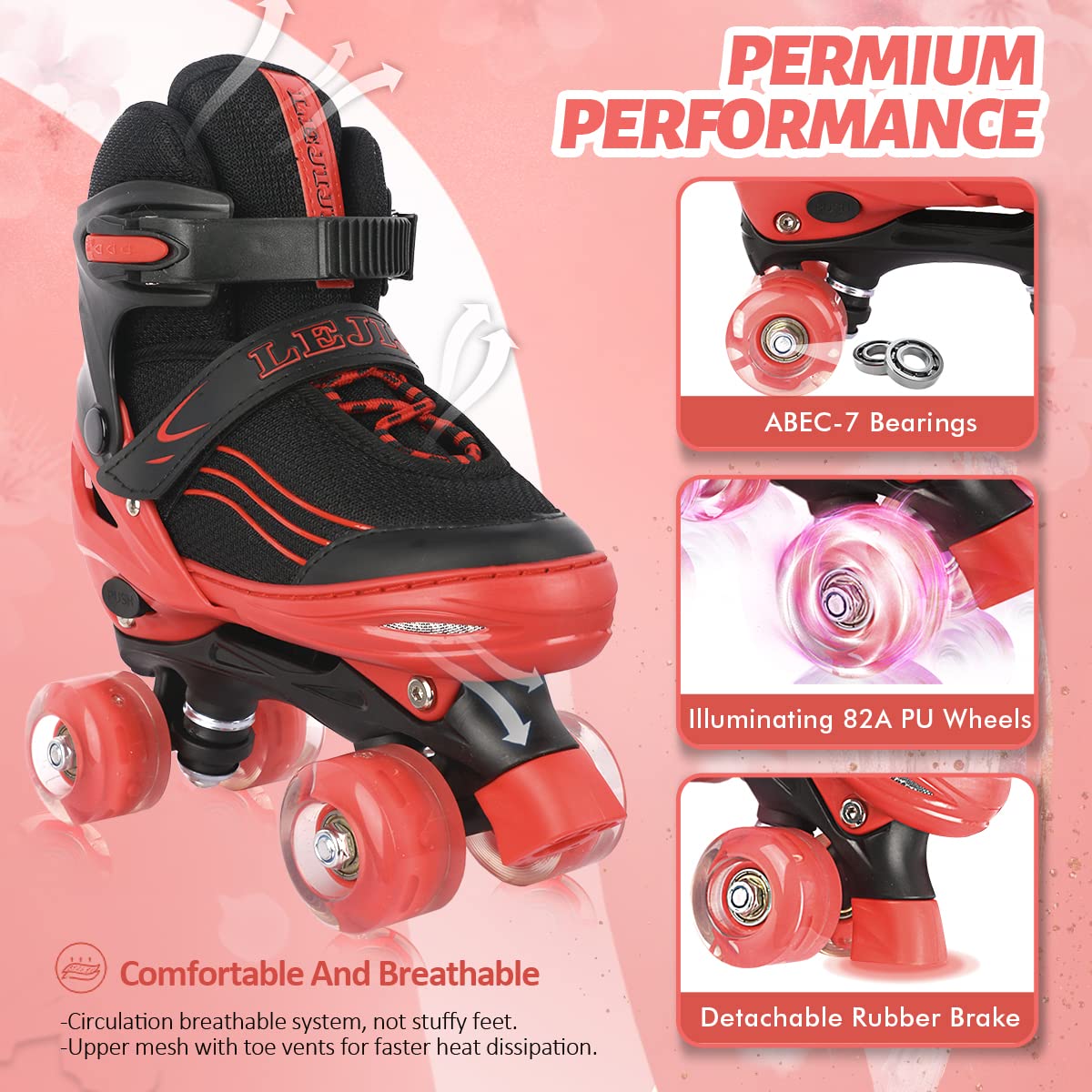 LEJIJIT Roller Skates for Kids Boys Girls Toddler Ages 3-12, Adjustable 4 Sizes for Kids and Youth Teen with Light Up Wheels, Quad Red Roller Skates for Sports (Youth 4Y-7Y)