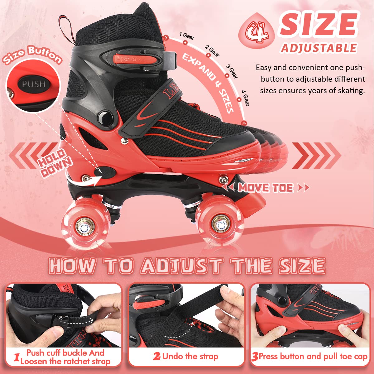 LEJIJIT Roller Skates for Kids Boys Girls Toddler Ages 3-12, Adjustable 4 Sizes for Kids and Youth Teen with Light Up Wheels, Quad Red Roller Skates for Sports (Youth 4Y-7Y)