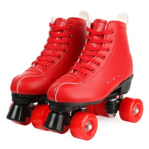 women pu microfiber roller skates skating shoes sliding inline quad skates sneakers training europe size 2 row 4 wheels for adult kids youth boys girls outdoor red red wheel 260 uk7 eur40