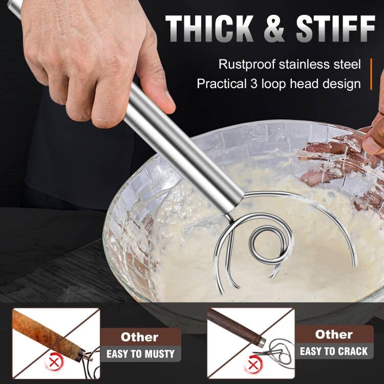 Walfos Danish Dough Whisk, Rustproof Stainless Steel Bread Whisk, Quick Mixing Bread Mixer, Dutch Dough Whisk for Cooking, Blending, Whisking, Stirring, Sourdough, Pizza, Pastry, Cake Batter（2pcs)