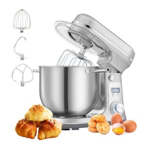 biolomix kitchen electric stand mixer, 6-speed tilt-head food mixer with 6.5-qt stainless steel bowl, dough hook, flat beater, whisk and anti-splash cover (6.5-qt, light silver