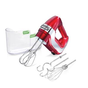 hamilton beach professional 5-speed electric hand mixer with high-performance dc motor slow start, snap-on storage case, stainless steel beaters, dough hooks & whisk, red and chrome (62653)