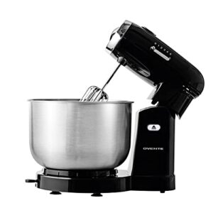 ovente electric kitchen stand mixer with 3.5-quart removable stainless steel mixing bowl, 5 speed control, 250-watt power, 2 blender attachment egg beater whisk & dough hook black sm680b