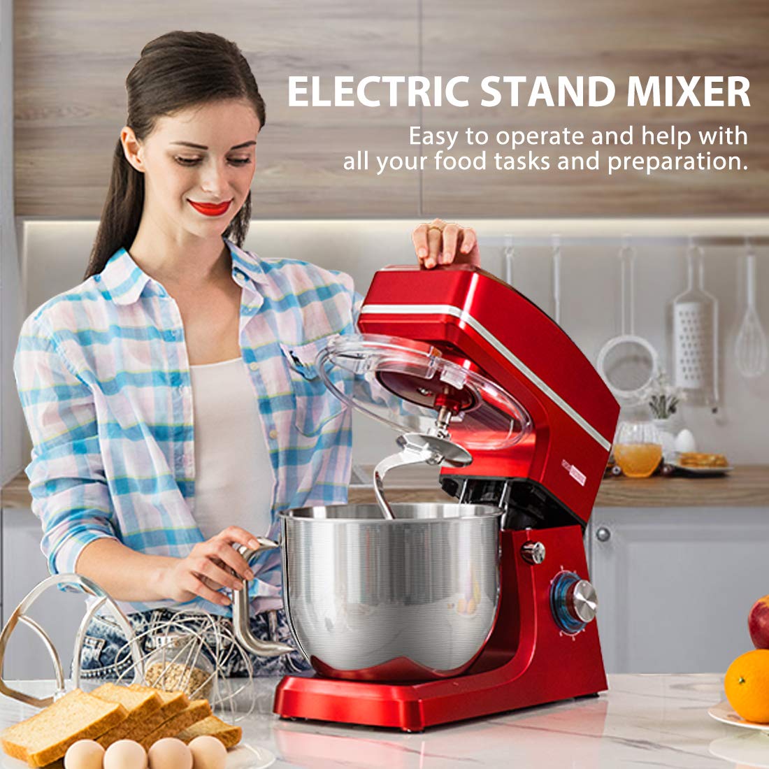 VIVOHOME 7.5 Quart Stand Mixer, 660W 6-Speed Tilt-Head Kitchen Electric Food Mixer with Beater, Dough Hook, Wire Whip, and Egg Separator, Red