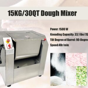 BREVELTION 30QT/15KG Commercial Mixer Electric Stand Dough Mixer 1500W Stainless Steel Flour Kneading Mixing Machine, Vegetable Meat Blender with 90° Tilt Bowl Kitchen Supply With a Dough Cutter