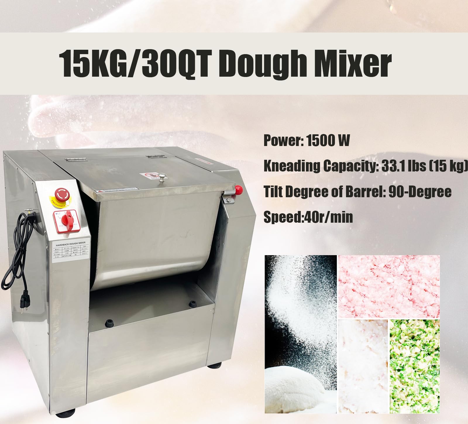 BREVELTION 30QT/15KG Commercial Mixer Electric Stand Dough Mixer 1500W Stainless Steel Flour Kneading Mixing Machine, Vegetable Meat Blender with 90° Tilt Bowl Kitchen Supply With a Dough Cutter