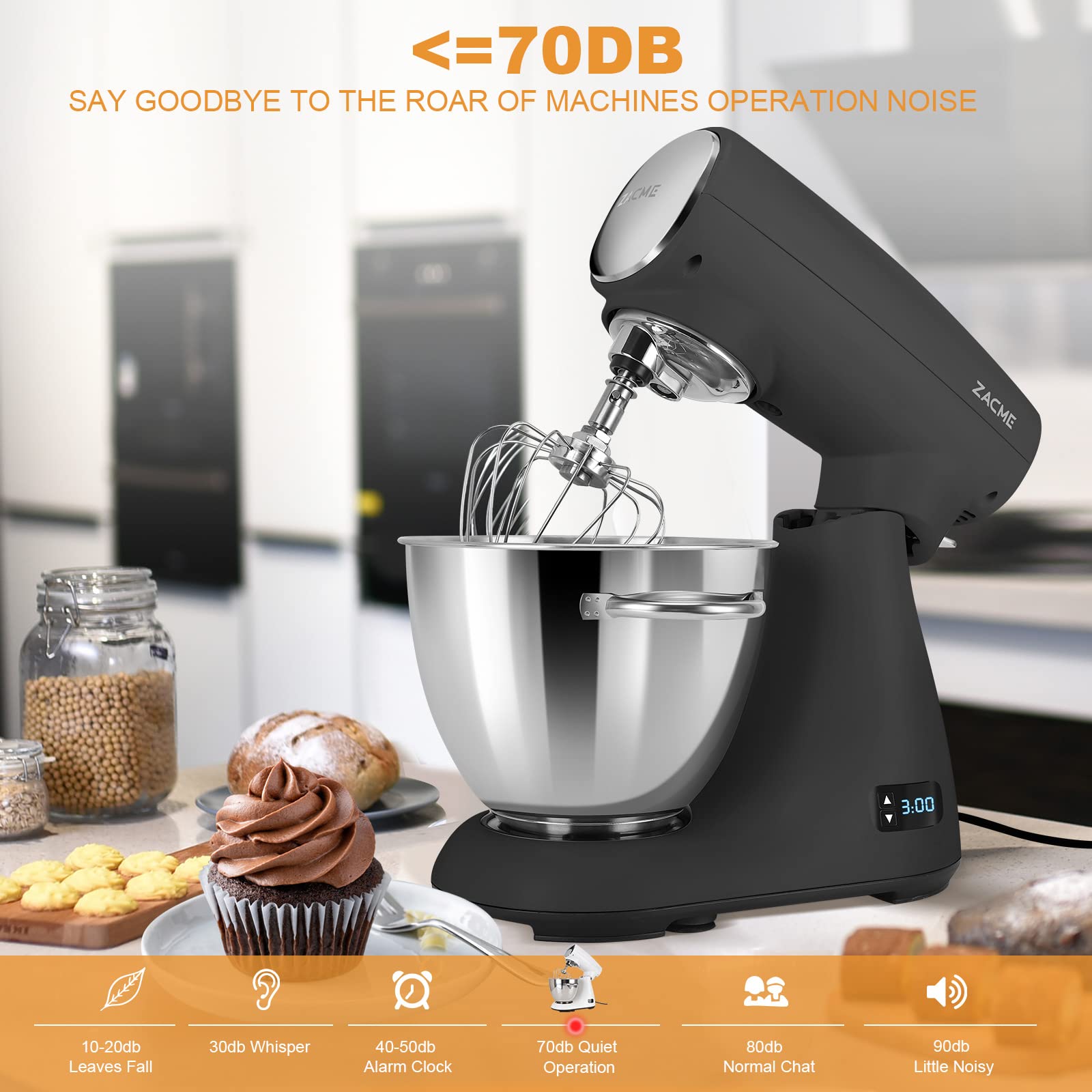 ZACME Mixers Kitchen Electric Stand Mixer, Aluminum die casting and Gears, 1 Hour Continuous Operation, Dual Cooling System, Low Noise DC Motor, LED Display and Timing Function, 600W 5.5QT, Food Grade