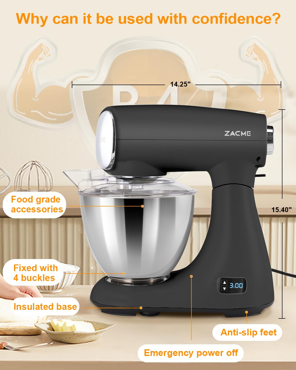 ZACME Mixers Kitchen Electric Stand Mixer, Aluminum die casting and Gears, 1 Hour Continuous Operation, Dual Cooling System, Low Noise DC Motor, LED Display and Timing Function, 600W 5.5QT, Food Grade