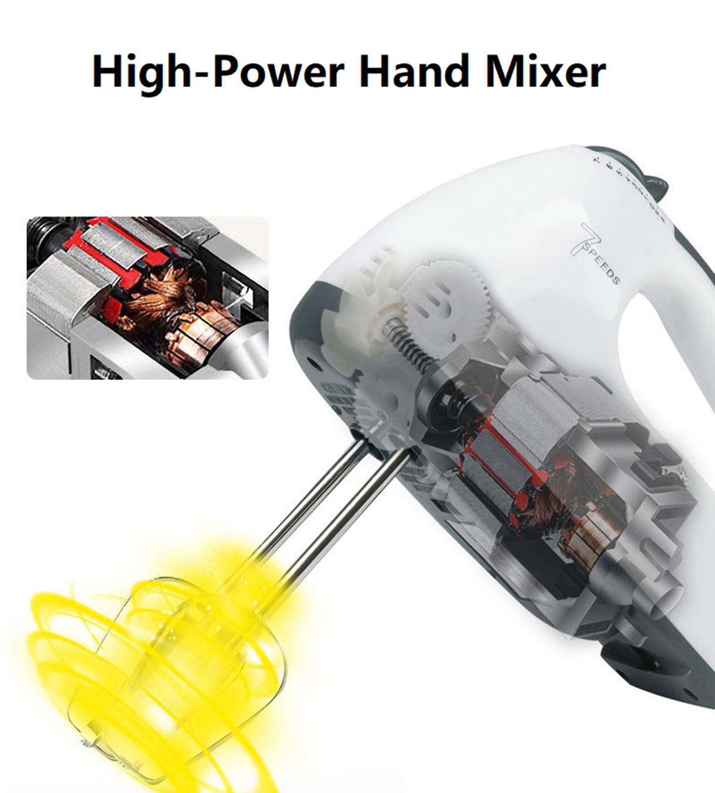 SFXFJ Hand Mixer Electric, 7 Speeds, 100 Watts, 110 Voltage, Stainless Steel Rods, Dough Hooks & Mixer Beaters for Dressings, Frosting, Meringues & More, High Capacity Whisk, White