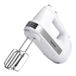 kenmore 5-speed electric hand mixer, beater,blender, white, 250w motor, interchangeable beaters, dough hooks, liquid blending rod, automatic cord retract, burst control, clip-on accessory storage case