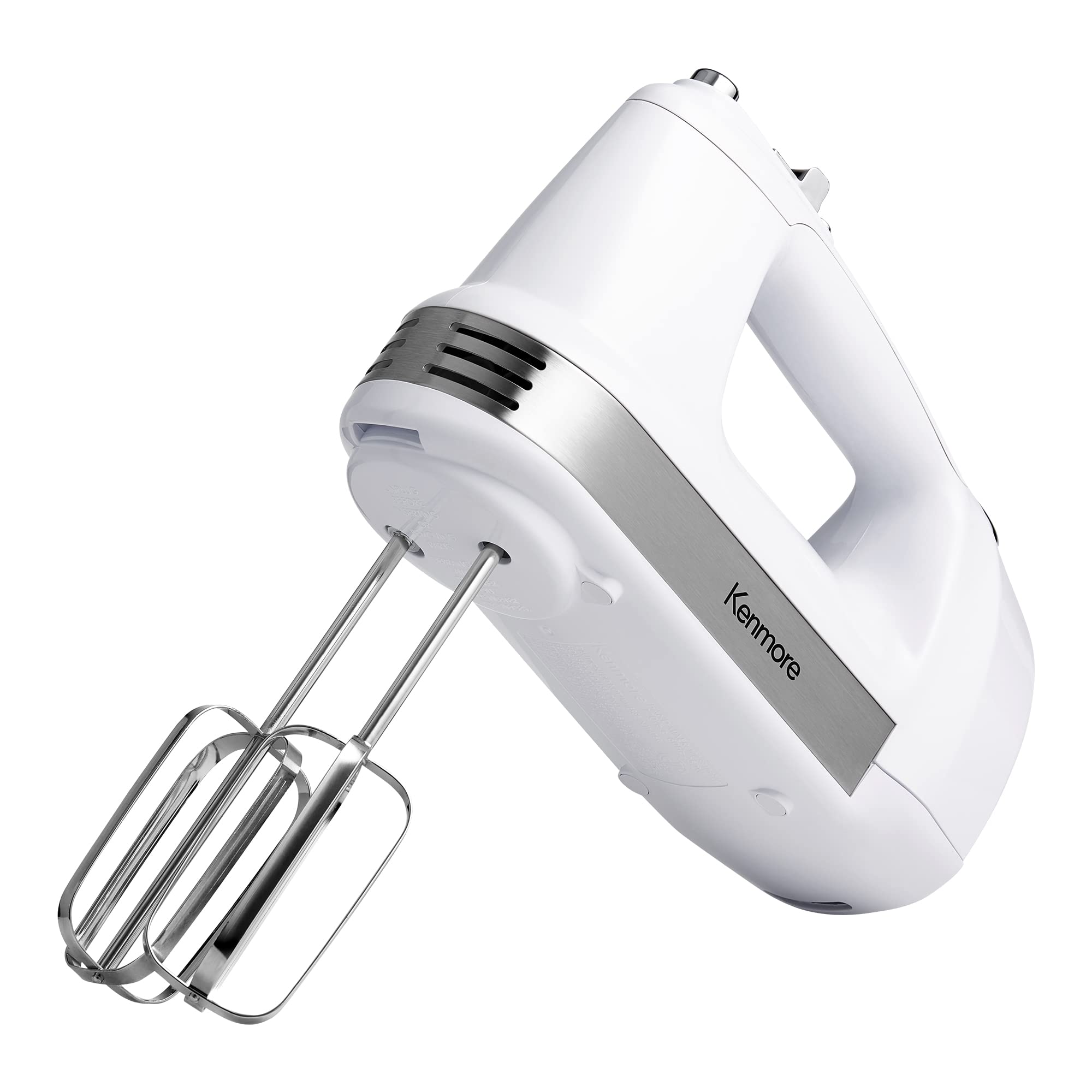 Kenmore 5-Speed Electric Hand Mixer, Beater,Blender, White, 250W Motor, Interchangeable Beaters, Dough Hooks, Liquid Blending Rod, Automatic Cord Retract, Burst Control, Clip-On Accessory Storage Case