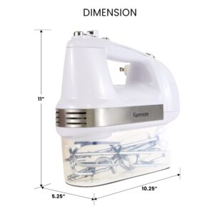 Kenmore 5-Speed Electric Hand Mixer, Beater,Blender, White, 250W Motor, Interchangeable Beaters, Dough Hooks, Liquid Blending Rod, Automatic Cord Retract, Burst Control, Clip-On Accessory Storage Case