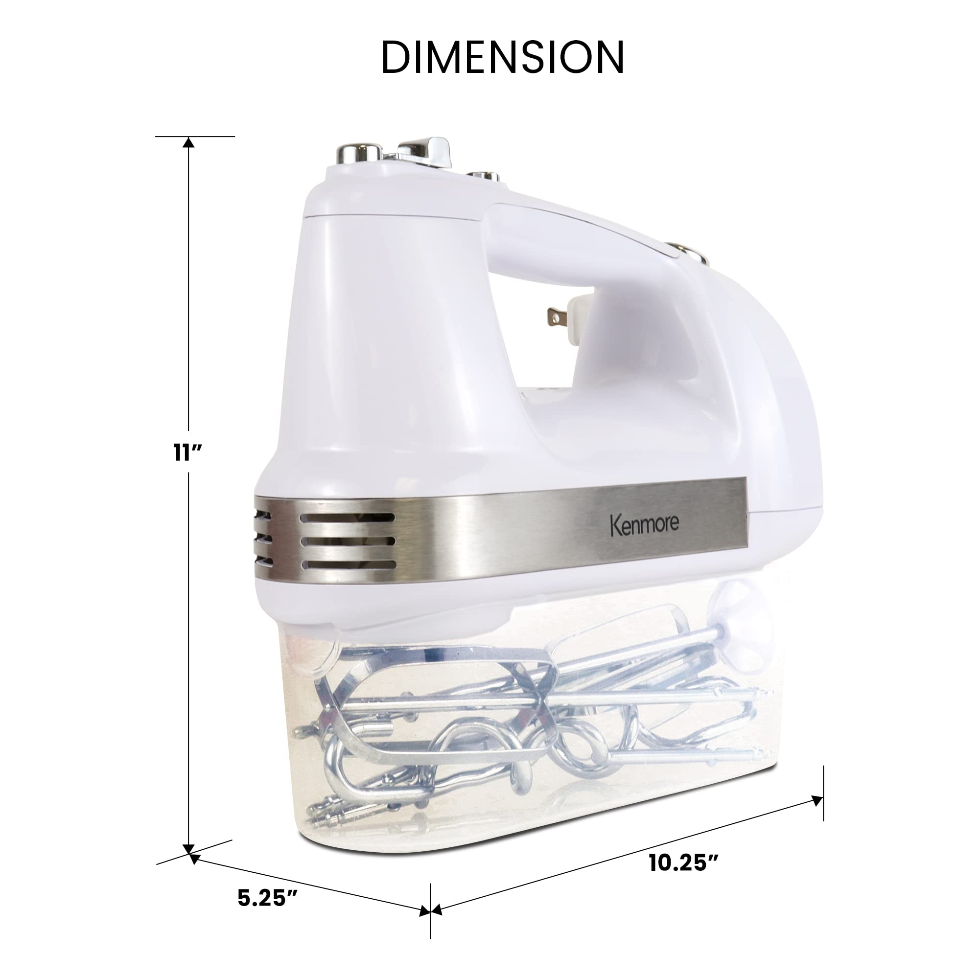 Kenmore 5-Speed Electric Hand Mixer, Beater,Blender, White, 250W Motor, Interchangeable Beaters, Dough Hooks, Liquid Blending Rod, Automatic Cord Retract, Burst Control, Clip-On Accessory Storage Case