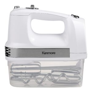 Kenmore 5-Speed Electric Hand Mixer, Beater,Blender, White, 250W Motor, Interchangeable Beaters, Dough Hooks, Liquid Blending Rod, Automatic Cord Retract, Burst Control, Clip-On Accessory Storage Case