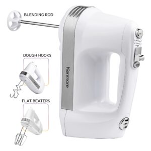 Kenmore 5-Speed Electric Hand Mixer, Beater,Blender, White, 250W Motor, Interchangeable Beaters, Dough Hooks, Liquid Blending Rod, Automatic Cord Retract, Burst Control, Clip-On Accessory Storage Case