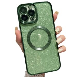 aowner magnetic case for iphone 14 pro max glitter case, luxury plating cute bling with camera lens protector, compatible with magsafe, slim thin for women girls protective clear phone case, green