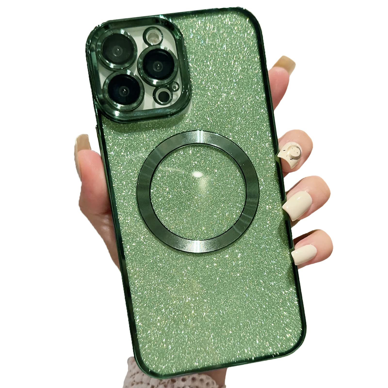 aowner Magnetic Case for iPhone 14 Pro Max Glitter Case, Luxury Plating Cute Bling with Camera Lens Protector, Compatible with MagSafe, Slim Thin for Women Girls Protective Clear Phone Case, Green