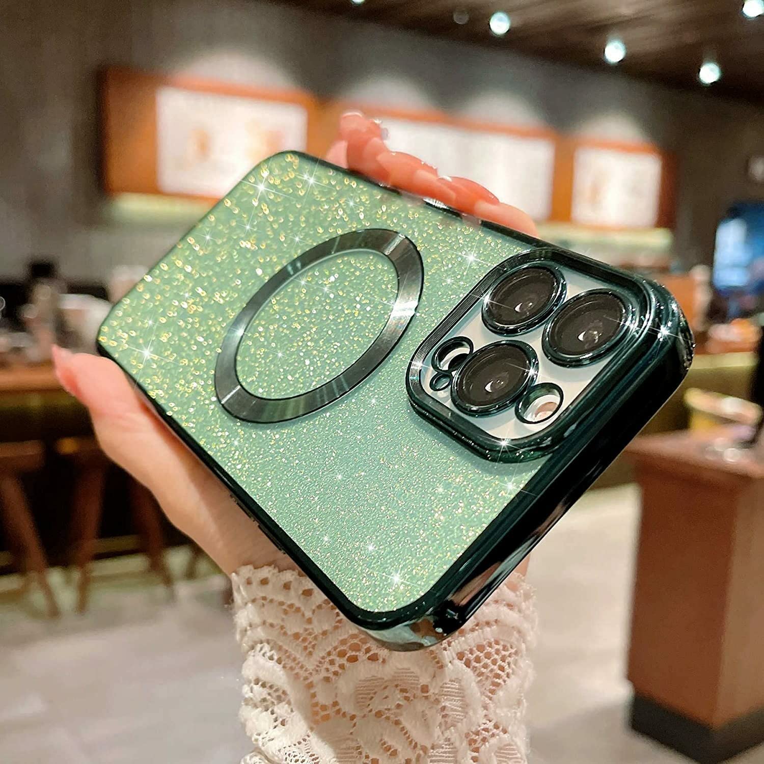 aowner Magnetic Case for iPhone 14 Pro Max Glitter Case, Luxury Plating Cute Bling with Camera Lens Protector, Compatible with MagSafe, Slim Thin for Women Girls Protective Clear Phone Case, Green