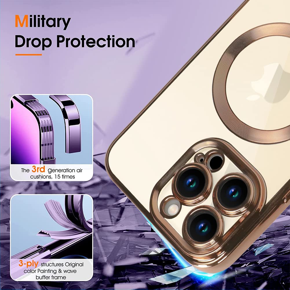 ZIYE Magnetic Case for iPhone 14 Pro Max Case [Compatible with MagSafe] Camera Lens Protector Plating Luxury Cover for Women Men Clear Soft TPU Shockproof Protective Phone Case - Gold