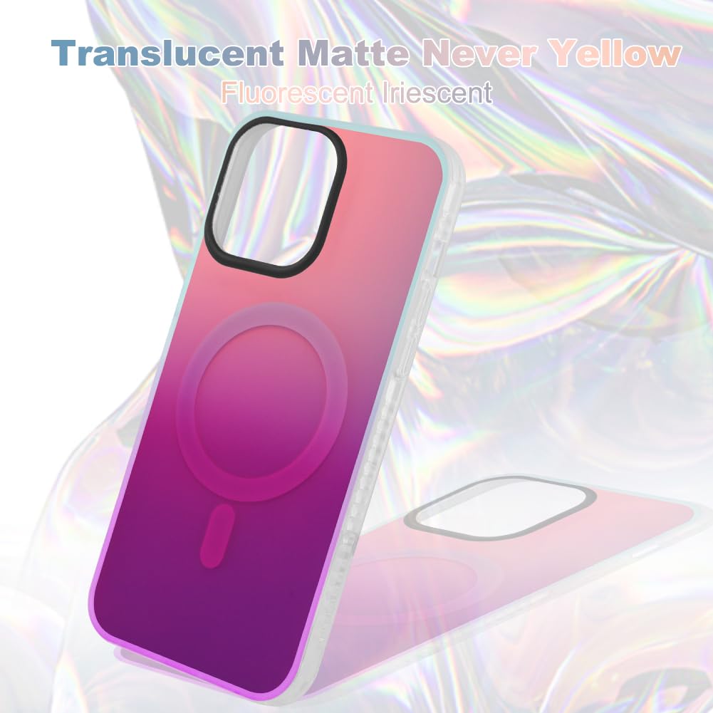 AIGOMARA Iridescent Case for iPhone 14 Pro Max Case [Compatible with Magsafe] [Fluorescent Iridescent] [1 Screen Protector] Shockproof Translucent Matte Protective Case 6.7 Inch 2022, Pink Purple