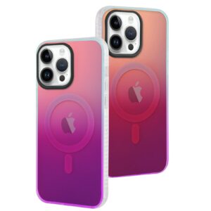 aigomara iridescent case for iphone 14 pro max case [compatible with magsafe] [fluorescent iridescent] [1 screen protector] shockproof translucent matte protective case 6.7 inch 2022, pink purple