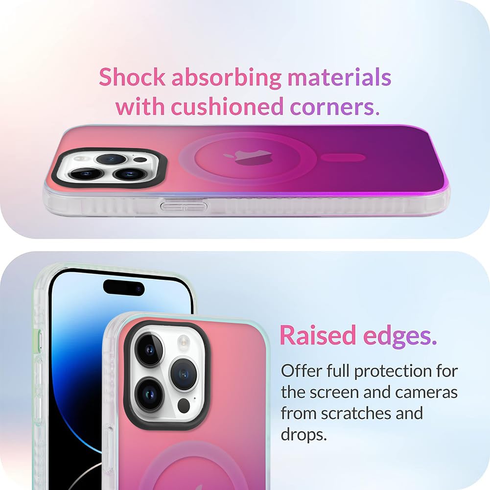 AIGOMARA Iridescent Case for iPhone 14 Pro Max Case [Compatible with Magsafe] [Fluorescent Iridescent] [1 Screen Protector] Shockproof Translucent Matte Protective Case 6.7 Inch 2022, Pink Purple