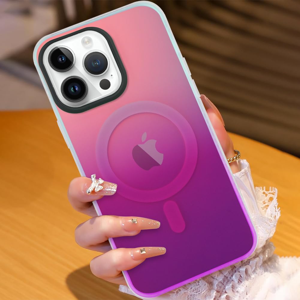 AIGOMARA Iridescent Case for iPhone 14 Pro Max Case [Compatible with Magsafe] [Fluorescent Iridescent] [1 Screen Protector] Shockproof Translucent Matte Protective Case 6.7 Inch 2022, Pink Purple