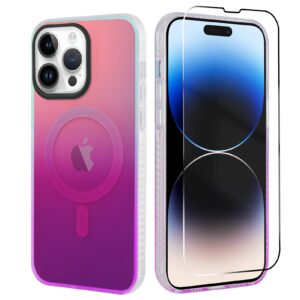 AIGOMARA Iridescent Case for iPhone 14 Pro Max Case [Compatible with Magsafe] [Fluorescent Iridescent] [1 Screen Protector] Shockproof Translucent Matte Protective Case 6.7 Inch 2022, Pink Purple