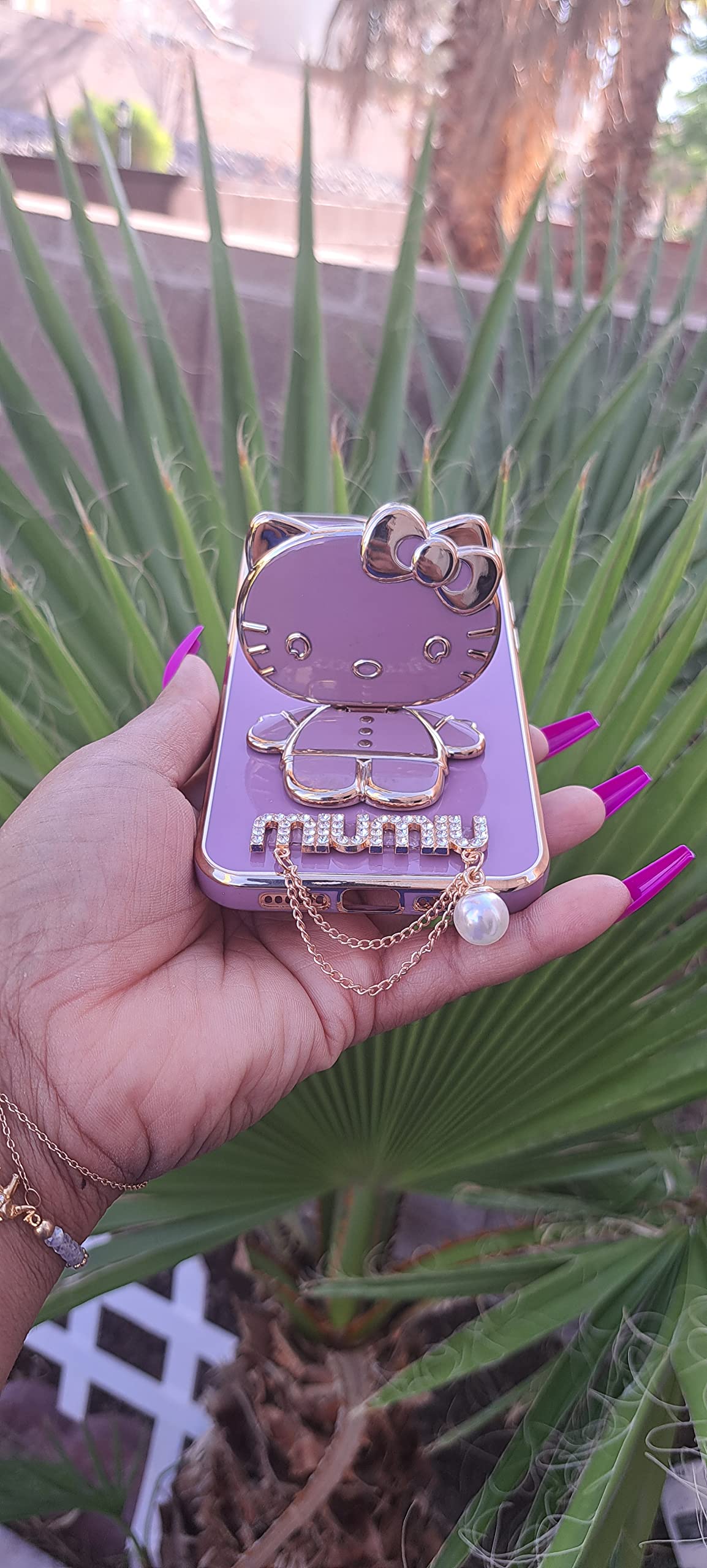 Fancy Kitty Phone Case for Iphone14 Pro Max, 6D Plating MIUMIU with Kickstand Designer Makeup Mirror case, Luxury Girly for Woman Full Camera Coverage,Glossy, Hands-Free (Purple)