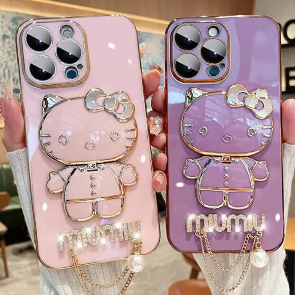 Fancy Kitty Phone Case for Iphone14 Pro Max, 6D Plating MIUMIU with Kickstand Designer Makeup Mirror case, Luxury Girly for Woman Full Camera Coverage,Glossy, Hands-Free (Purple)