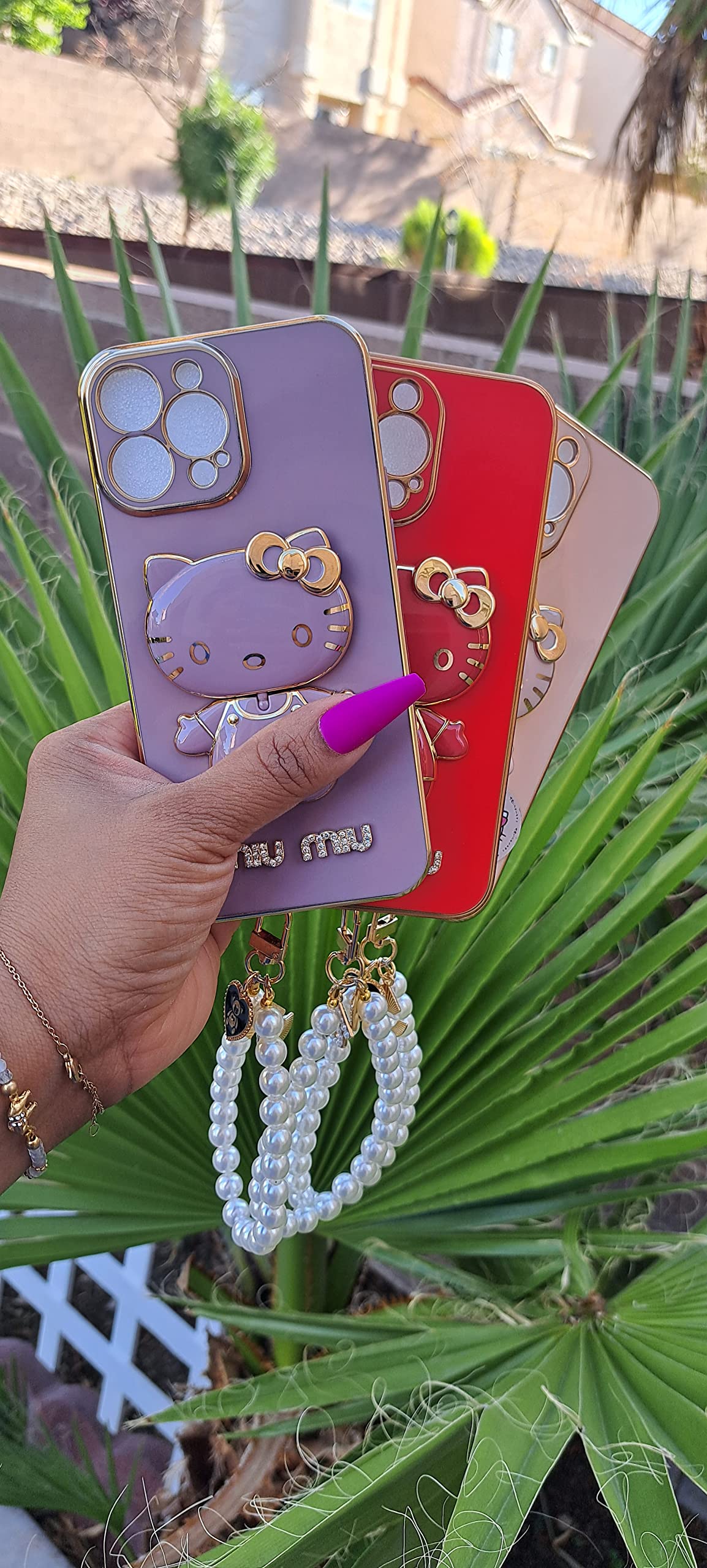 Fancy Kitty Phone Case for Iphone14 Pro Max, 6D Plating MIUMIU with Wrislet Beaded Staps Keyring, Mirror with Kickstand Design, Luxury and Girly, Glossy, Hands-Free (Purple)