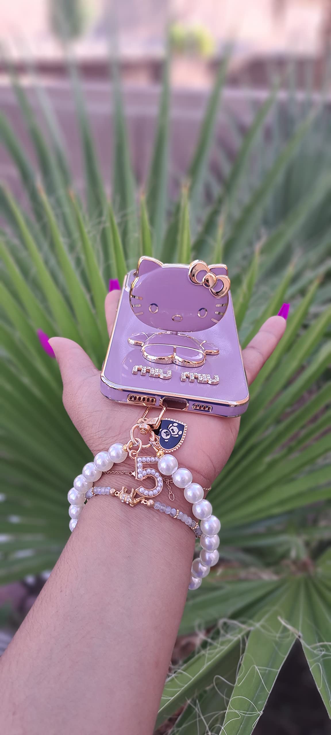 Fancy Kitty Phone Case for Iphone14 Pro Max, 6D Plating MIUMIU with Wrislet Beaded Staps Keyring, Mirror with Kickstand Design, Luxury and Girly, Glossy, Hands-Free (Purple)