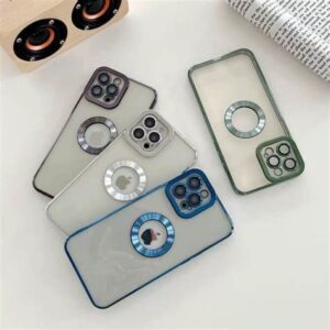 Luxury Plating Charm Logo Hole Hollow Case for iPhone 14 Pro Max Soft Transparent Shockproof Cover