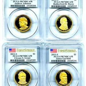 2011 S JOHNSON HAYES GARFIELD GRANT DOLLAR Set First Strike Proof PCGS PR-70