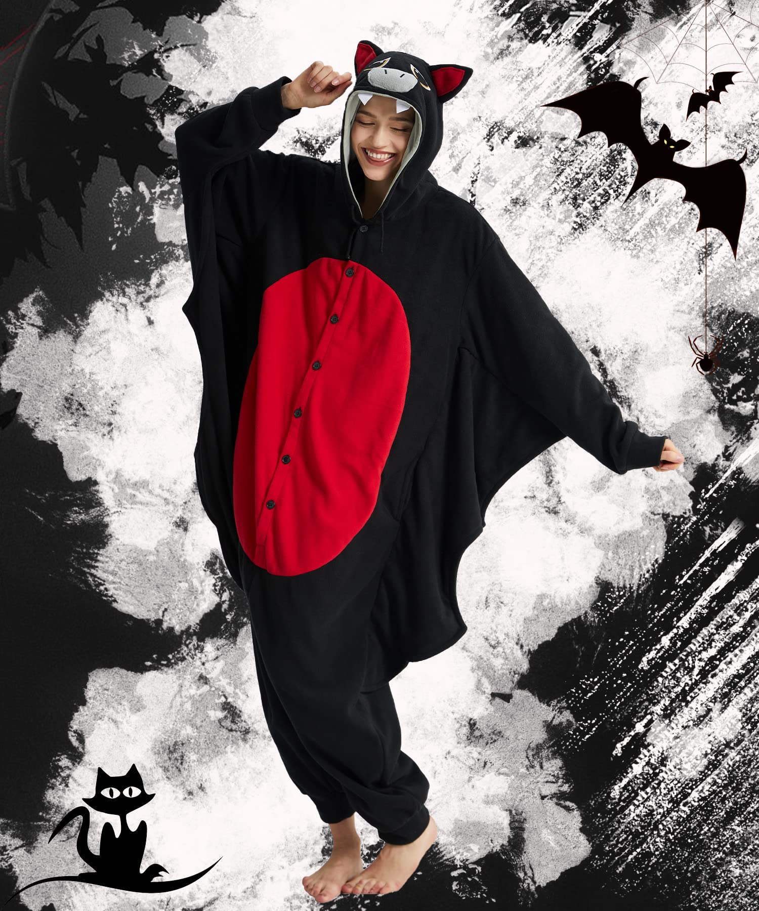 Kgromfy Black Bat Onesie Adult Halloween Animal Cosplay Outfits One Piece Costumes Party Jumpsuit Homewear M