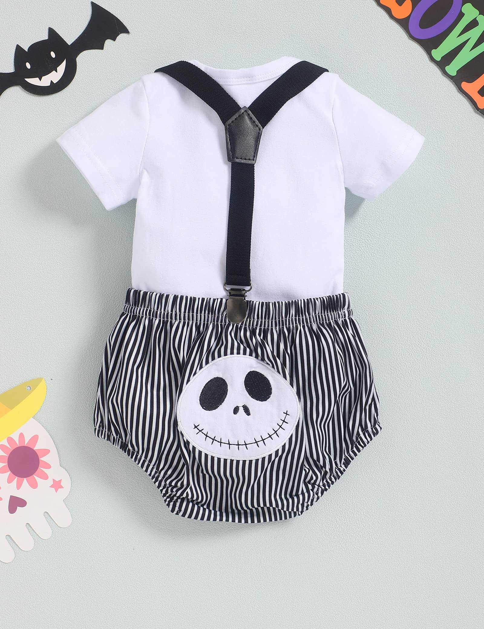 My First Halloween Outfit Baby Boy Newborn Gentleman Suspender Romper and Skull Bottom Halloween Clothing (Skull Striped, 0-3 Months)