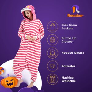 RESSBER Unisex Adult Onesie Pajamas Animal One Piece Halloween Costume Christmas Sleepwear Jumpsuit（Large，Pink Cheshire Cat）