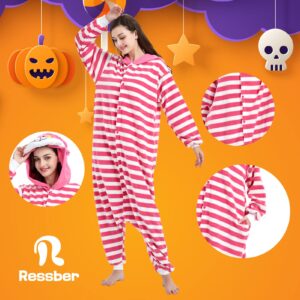 RESSBER Unisex Adult Onesie Pajamas Animal One Piece Halloween Costume Christmas Sleepwear Jumpsuit（Large，Pink Cheshire Cat）