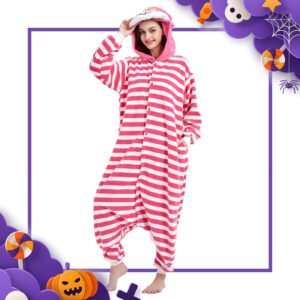 RESSBER Unisex Adult Onesie Pajamas Animal One Piece Halloween Costume Christmas Sleepwear Jumpsuit（Large，Pink Cheshire Cat）