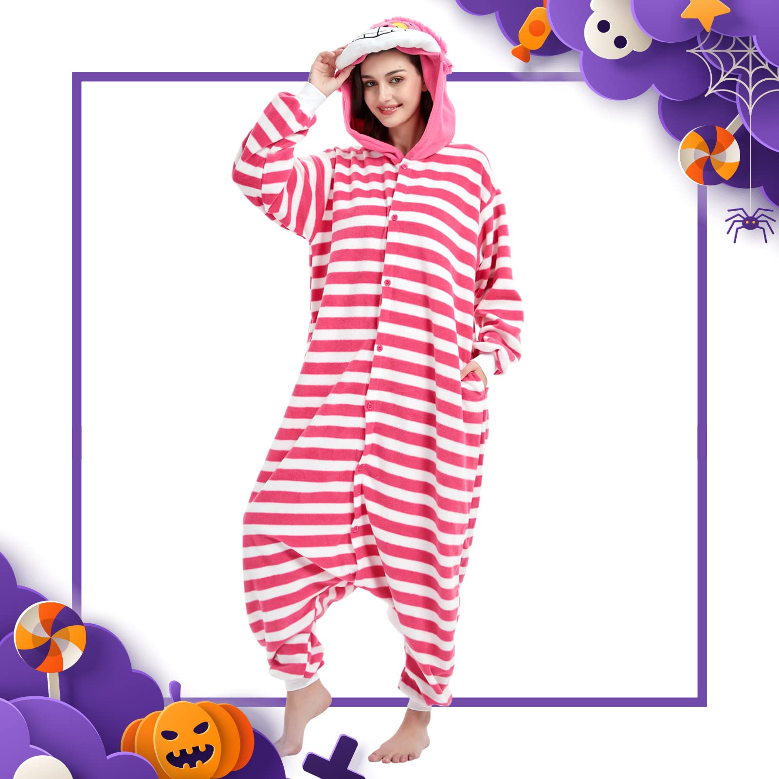 RESSBER Unisex Adult Onesie Pajamas Animal One Piece Halloween Costume Christmas Sleepwear Jumpsuit（Large，Pink Cheshire Cat）