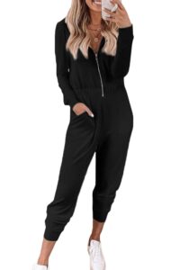 prettygarden women's casual long sleeve hooded jumpsuits zip up one piece outfit romper with pockets (black,medium)