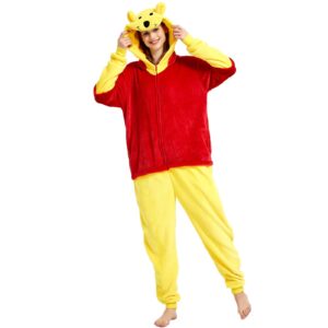 yemnut snug fit adult unisex onesie cosplay costume，one piece pajama halloween homewear suit for women and men (small, yellow bear)