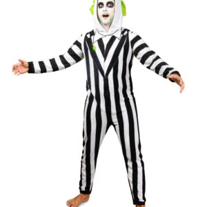 Prestigez BeetleJuice Mens Hooded Onesie Pajama Costume Union Suit, Size Medium