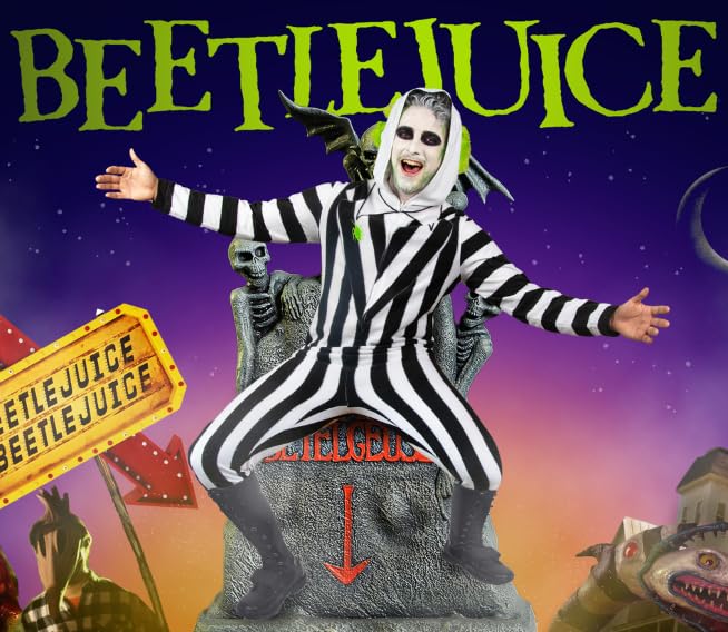 Prestigez BeetleJuice Mens Hooded Onesie Pajama Costume Union Suit, Size Medium