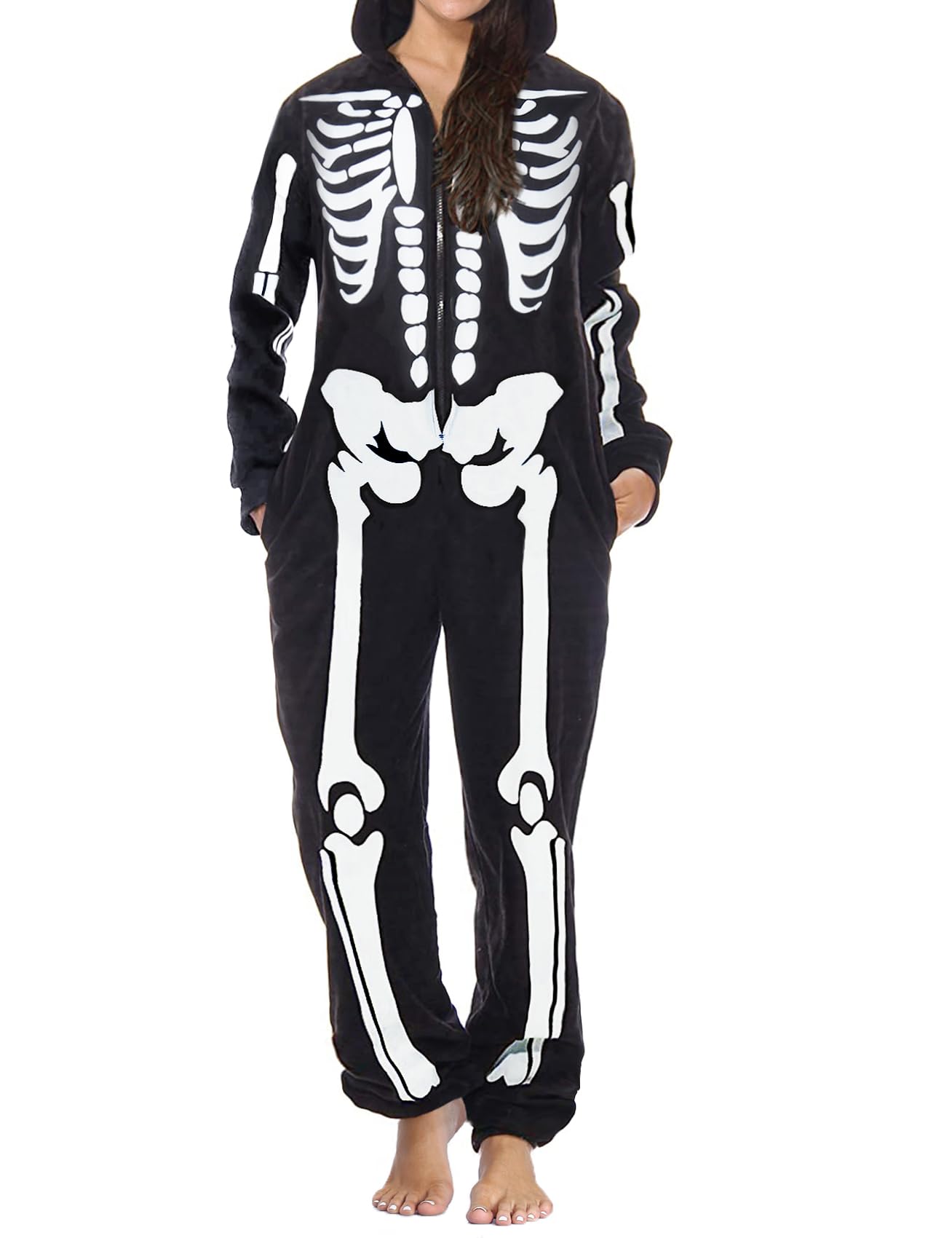 CYCLAMEN Skeleton Halloween Costume for Adults Couples Skeleton Onesie Jumpsuit Pajamas with Hood Family, for Women, S