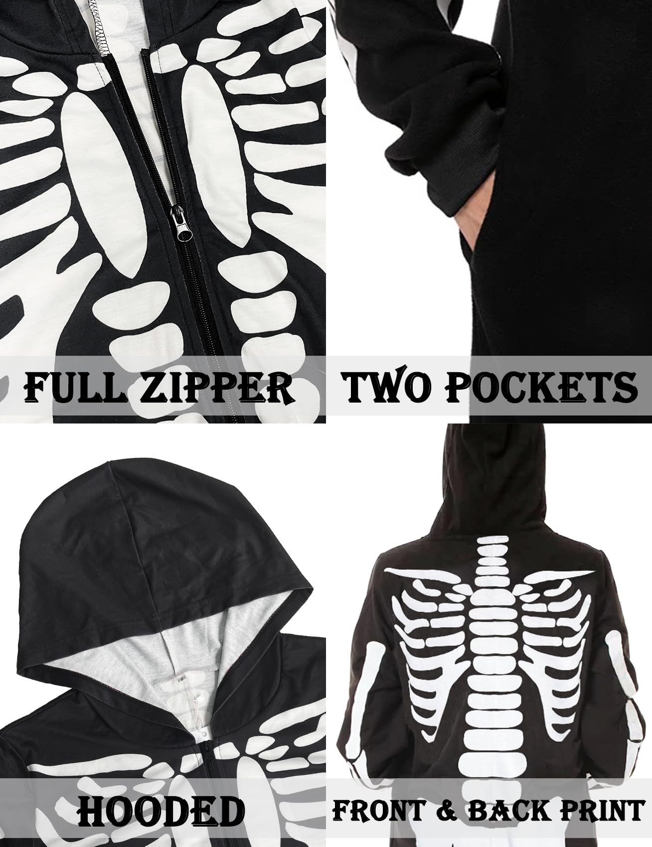 CYCLAMEN Skeleton Halloween Costume for Adults Couples Skeleton Onesie Jumpsuit Pajamas with Hood Family, for Women, S